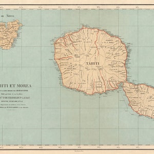 Tahiti Map Decorative Map of Tahiti and Morea, Old Map Restored ...