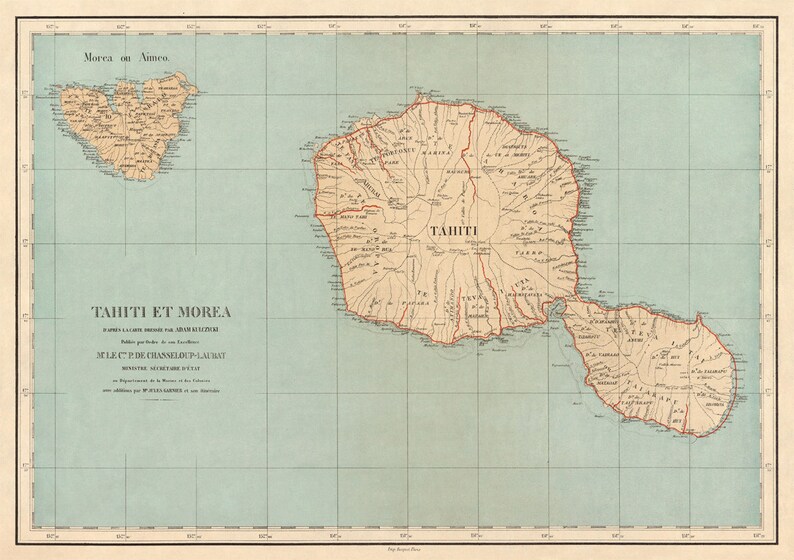 Tahiti Map Decorative Map of Tahiti and Morea Old Map - Etsy
