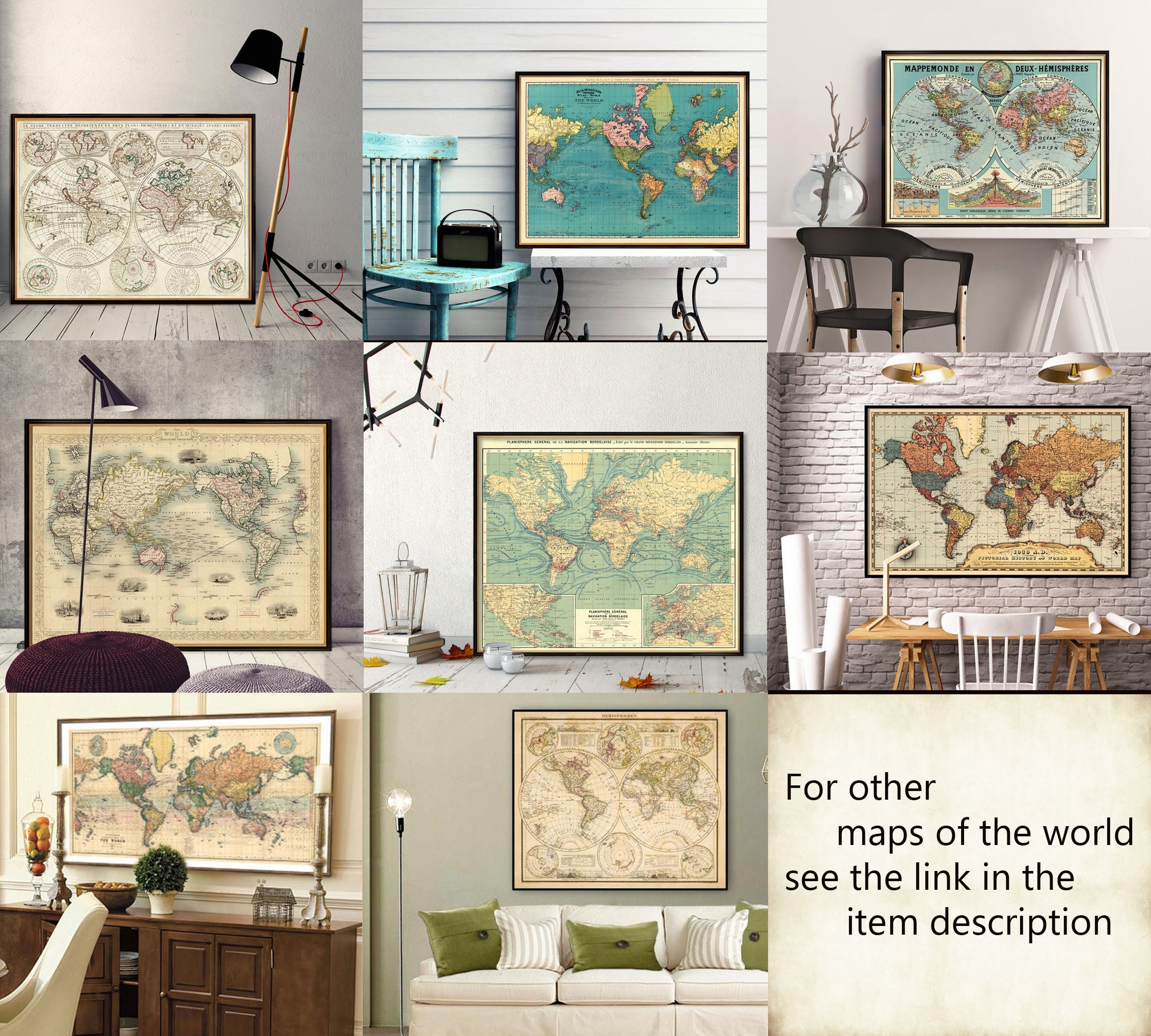 World map Decorative map Old wall map Fine print on | Etsy