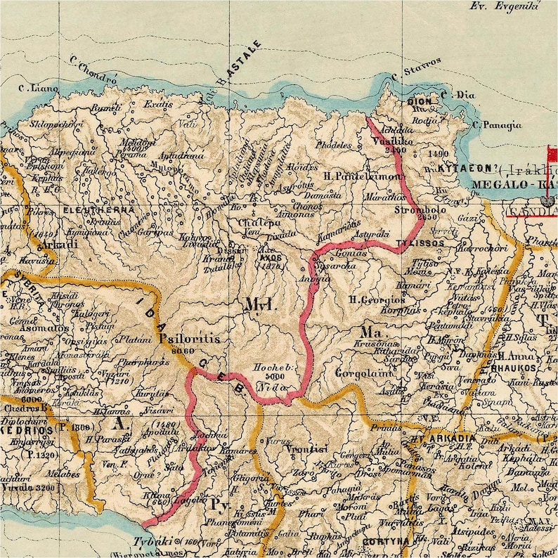 Crete Map | Antique Map Restored | Historical Topographic Chart | Fine ...