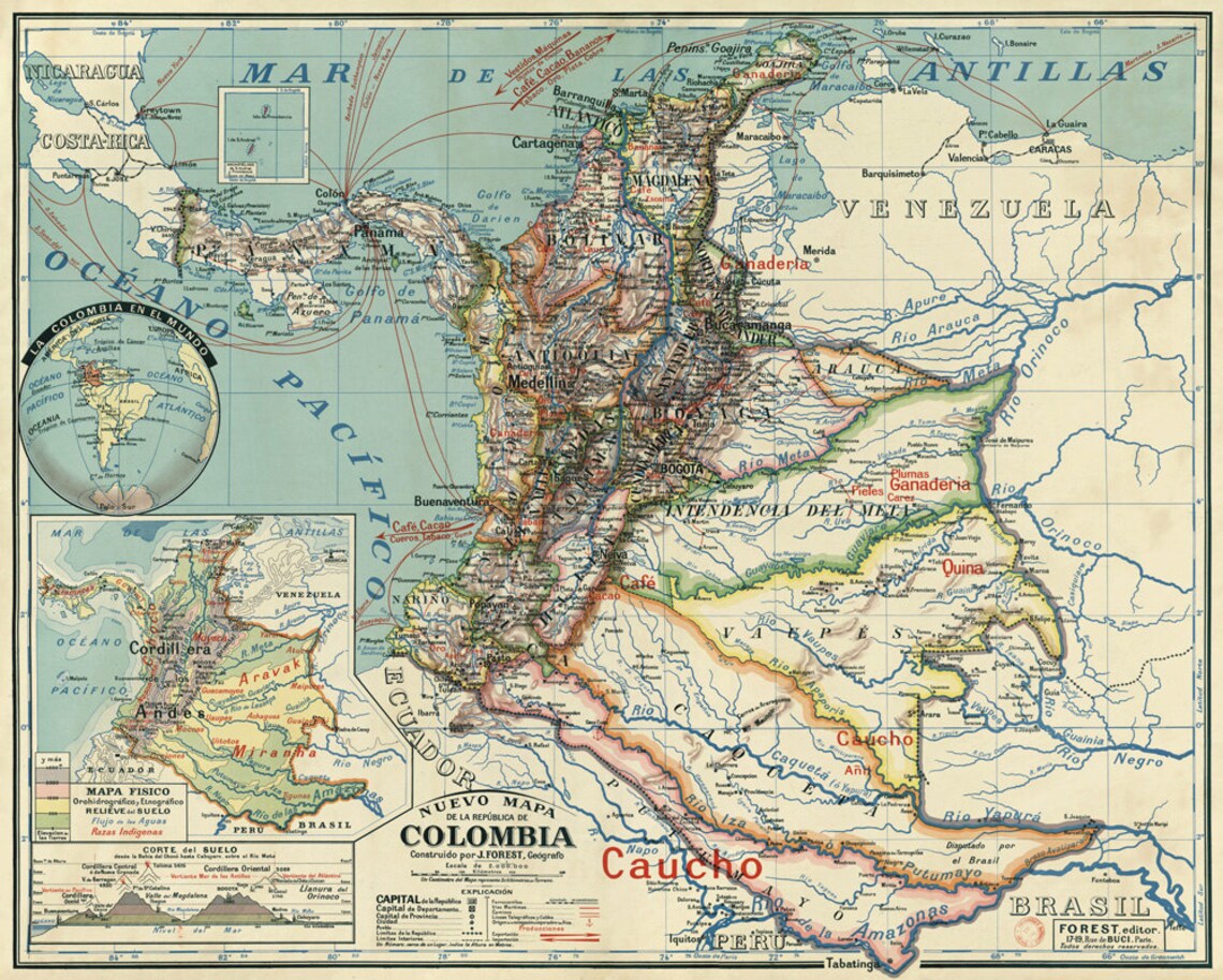 Old Map of Colombia - Archival Print - A Vintage Map Restored for Home ...