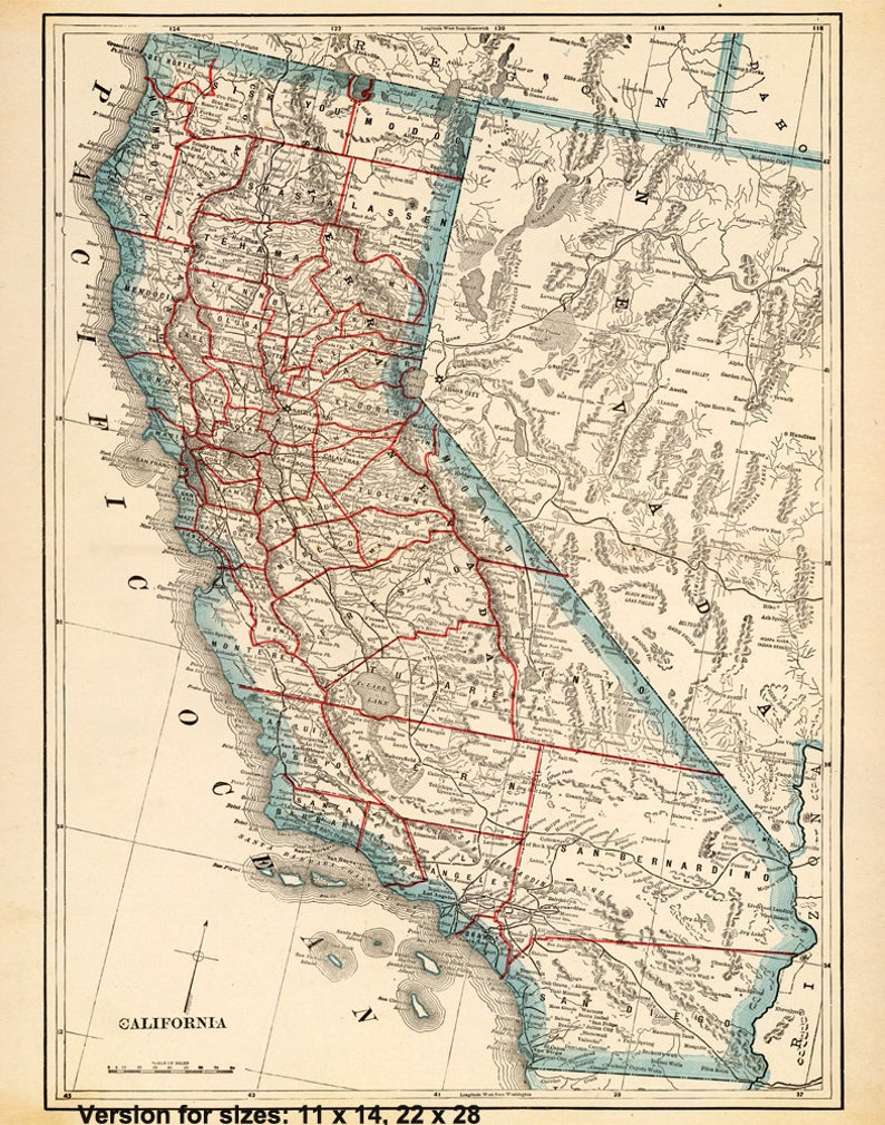 California Map Large Map of California Wall Map Printed on | Etsy