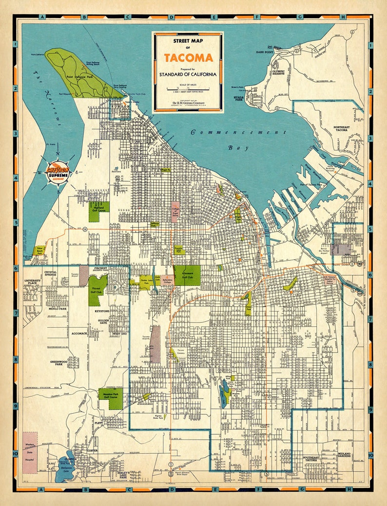 Tacoma Road Map From 1947 Vintage Map Restored Grit City - Etsy