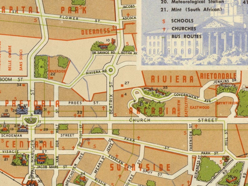 Pretoria Vintage Map - Pictorial Map of Pretoria, Print on Paper or ...