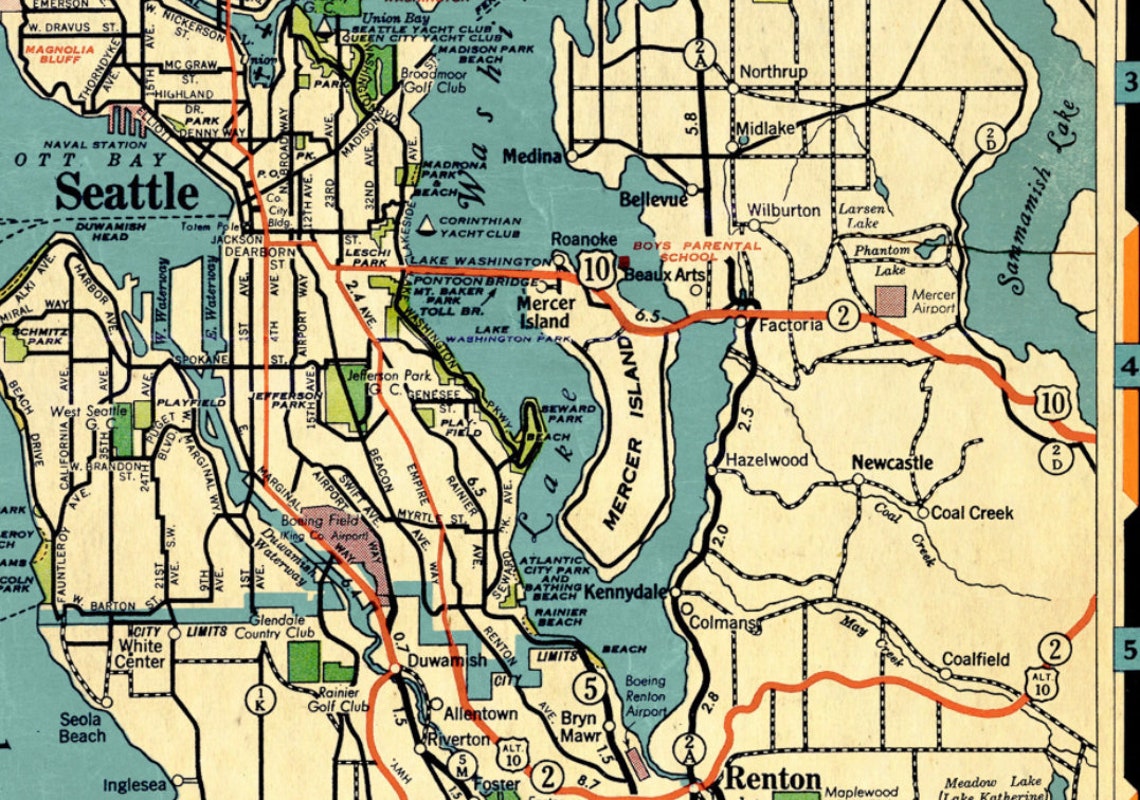 Puget Sound Map From 1947, Seattle, Tacoma, Bremerton, Middle Century ...