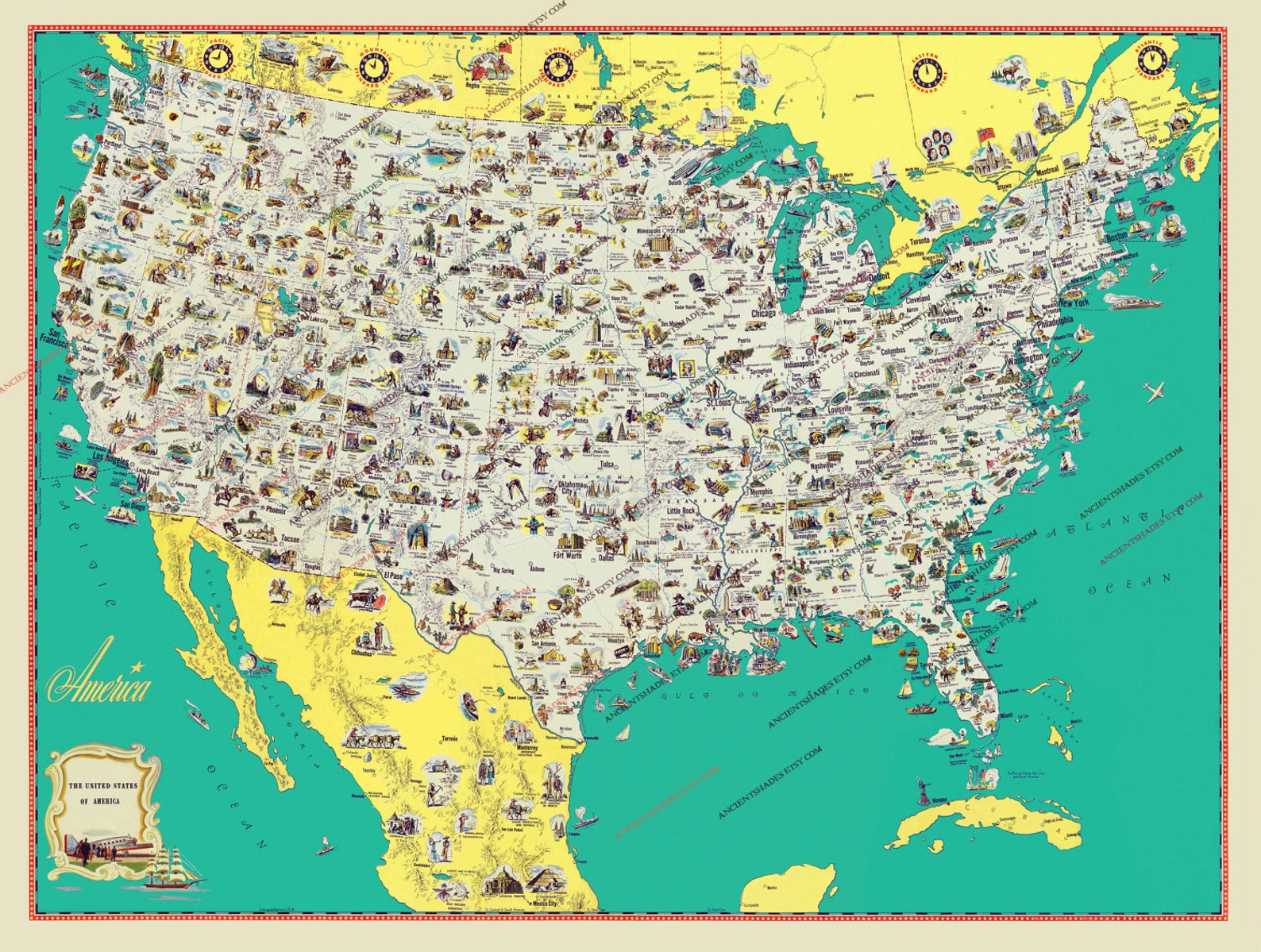US Map Pictorial Map of US US Wall Map Fine Print - Etsy