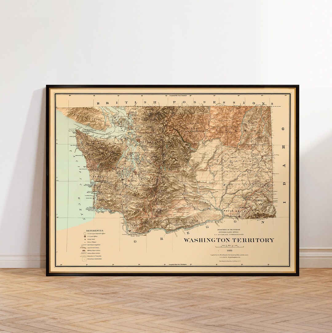 Washington Territory From 1883, Old Map Enhanced With a Shaded Relief ...