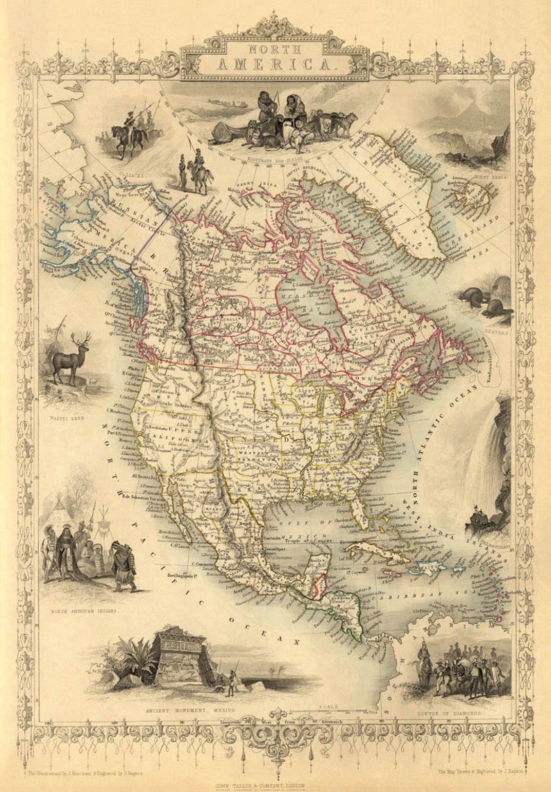 North America Map Old Map of America Fine Print - Etsy
