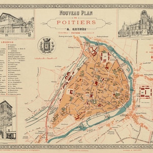 Map of Poitiers - Old City Map Archival Reproduction - Plan De Poitiers ...