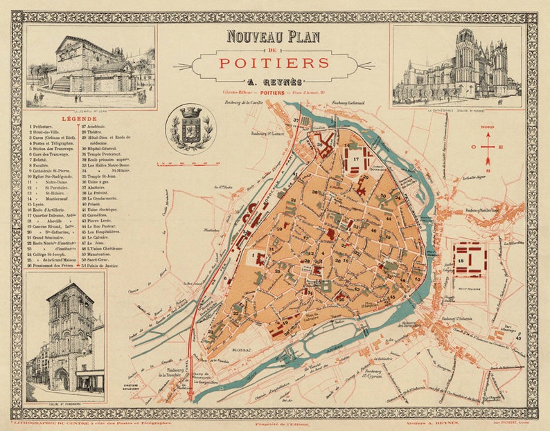 Map of Poitiers Old City Map Archival Reproduction Plan De - Etsy