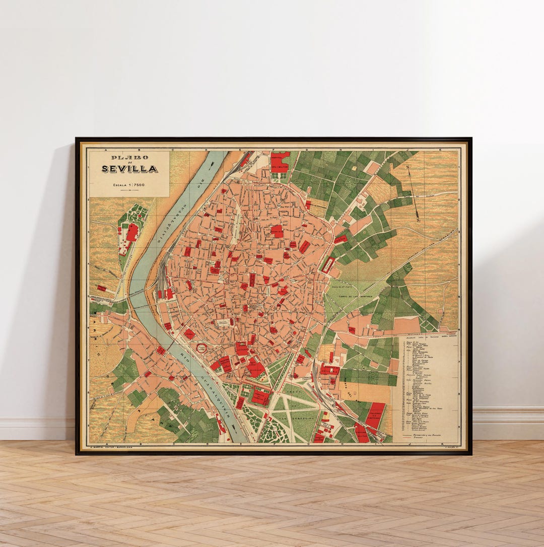 Map of Sevilla - Old City Plan Restored - Sevilla Map Reproduction on ...