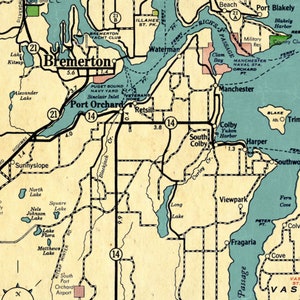 Puget Sound Map From 1947, Seattle, Tacoma, Bremerton, Middle Century ...