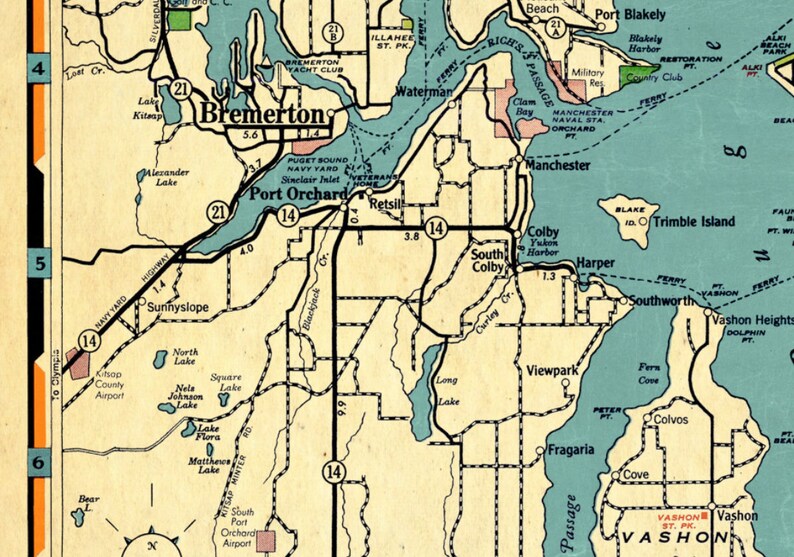 Puget Sound Map From 1947, Seattle, Tacoma, Bremerton, Middle Century ...