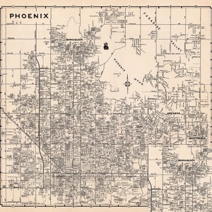 Phoenix (arizona) Map, Old City Plan From 1956, Detailed Map, Vintage ...