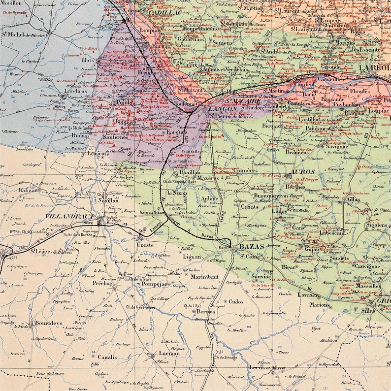 Vintage Wine Map of Bordeaux | 1895 Gironde DOC/DOCG Regions | French ...