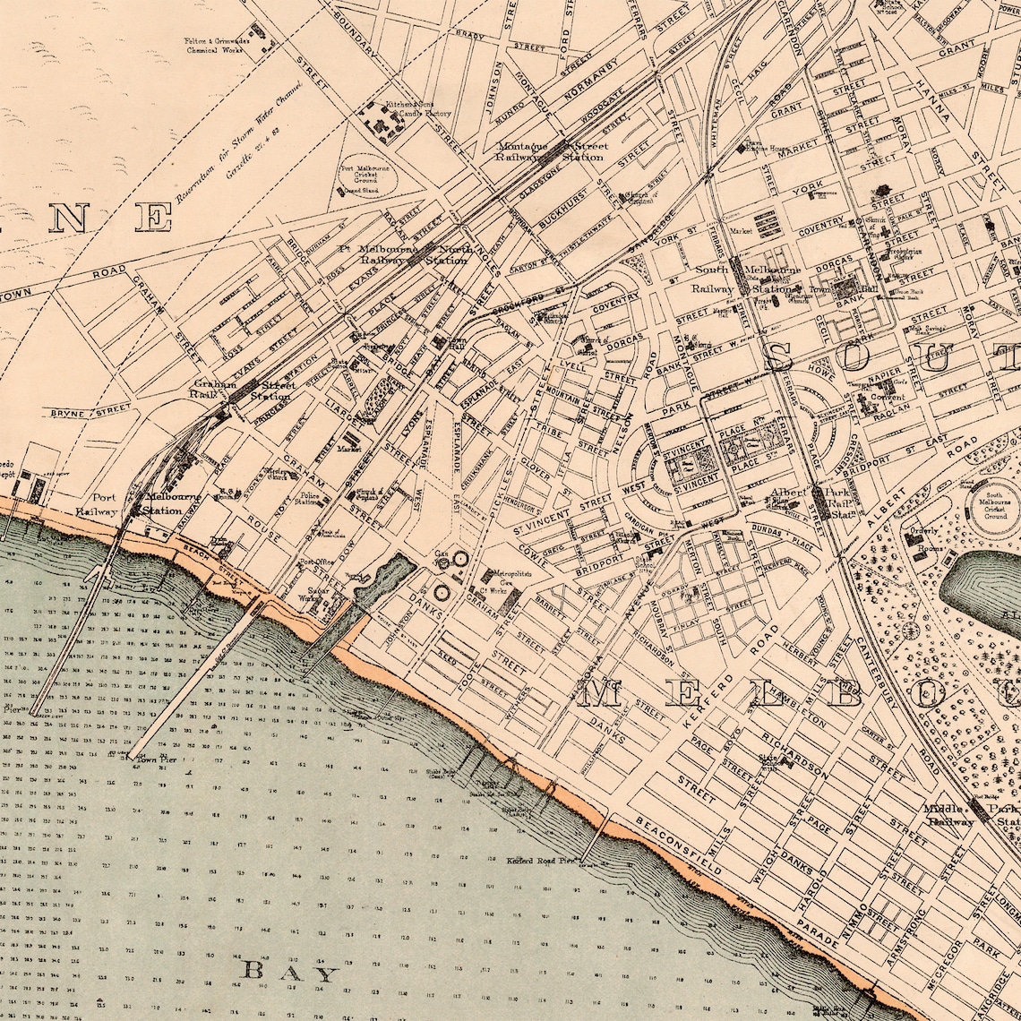 Melbourne Harbour Map, Decorative Map of Melbourne Port, Restored Map ...