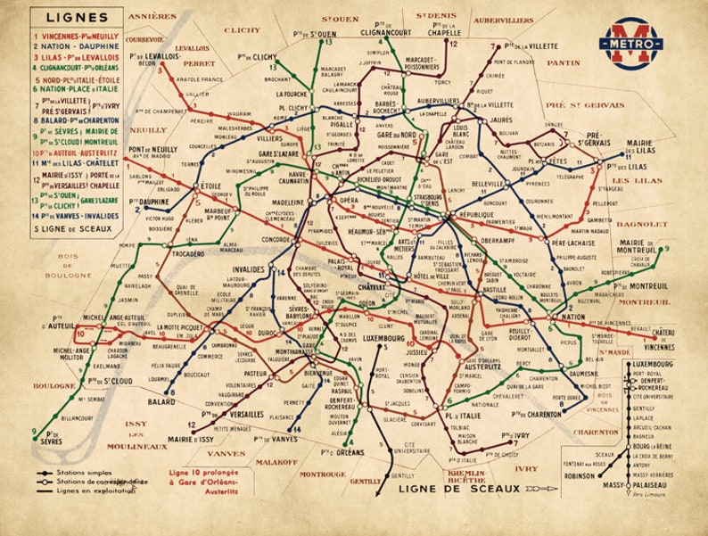 Paris Metro Map Paris Subway Map Paris Métro Plan Officiel - Etsy
