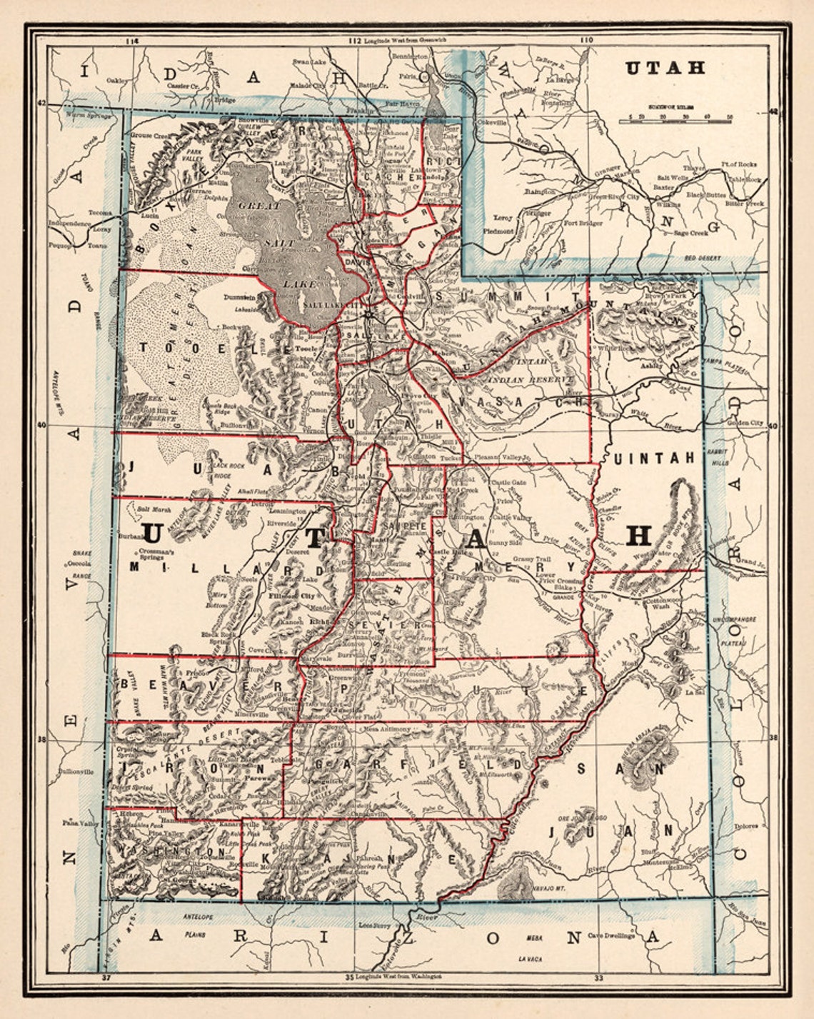 Old map of Utah Historical map restored Wall map print | Etsy