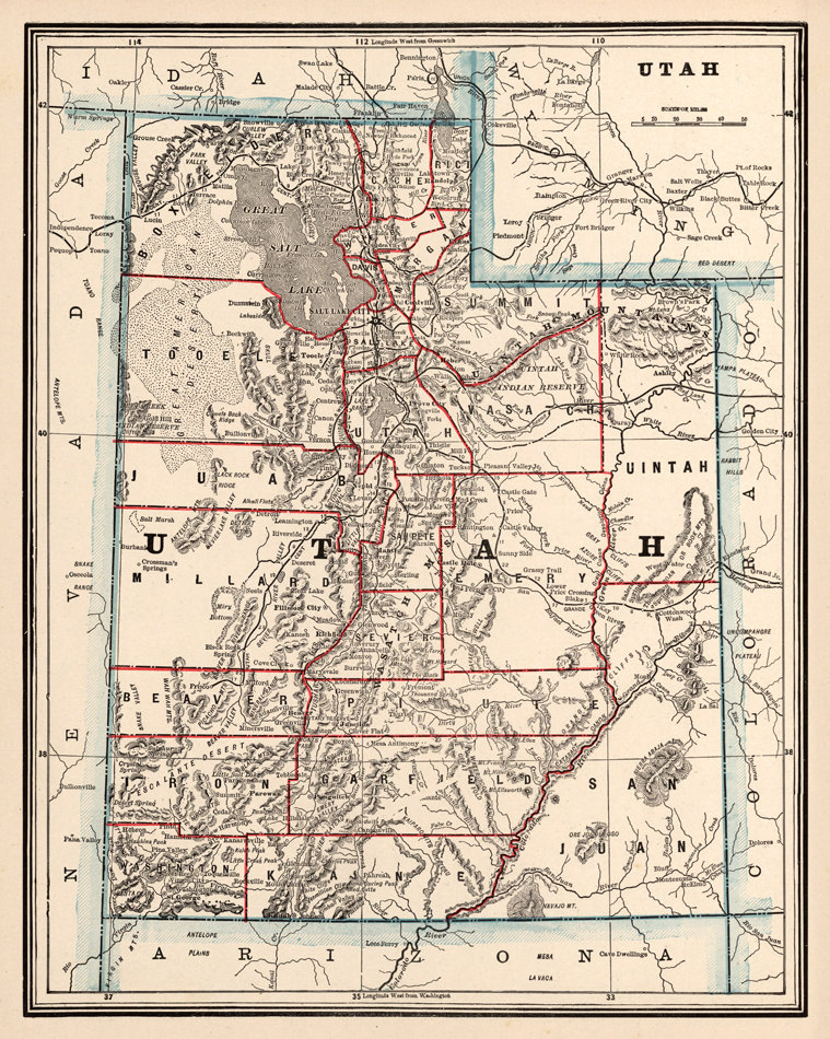 Old Map of Utah - Historical Map Restored - Wall Map Print, Available ...