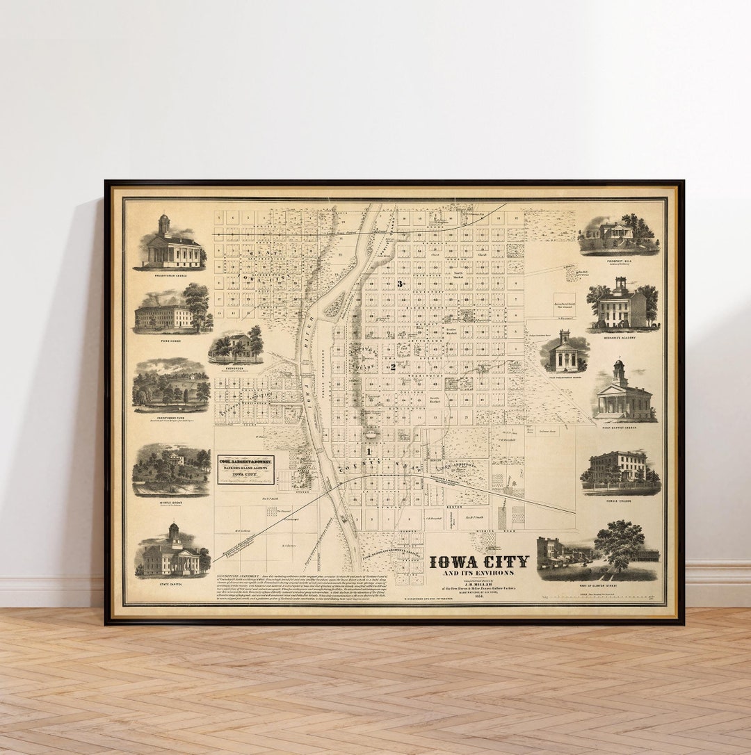 Iowa City Map, Wall Map of Iowa City From 1854, Beautifully Restored ...