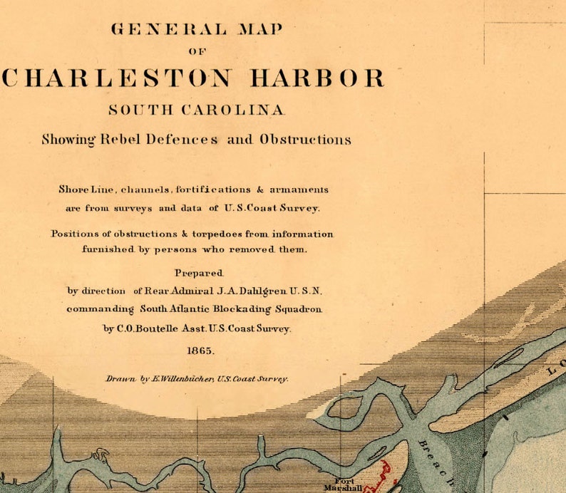 Charleston Harbor Map Showing Rebel Defences Wall Map | Etsy
