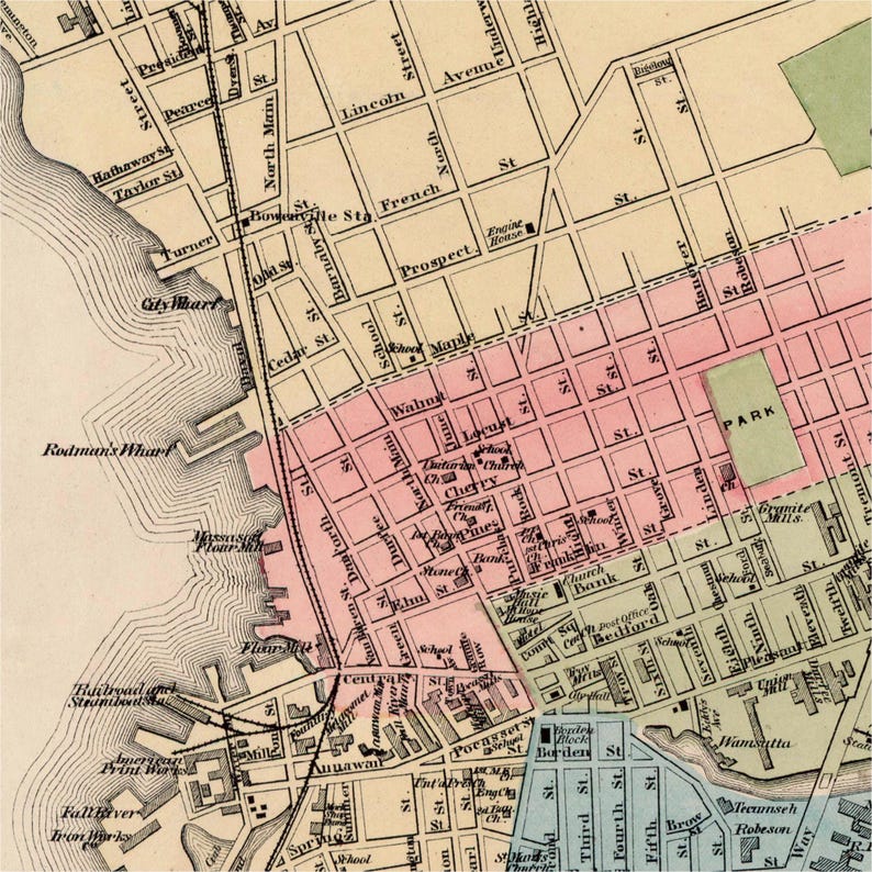 Fall River Map, Old City Map Reproduction, Historical City Plan, Home ...