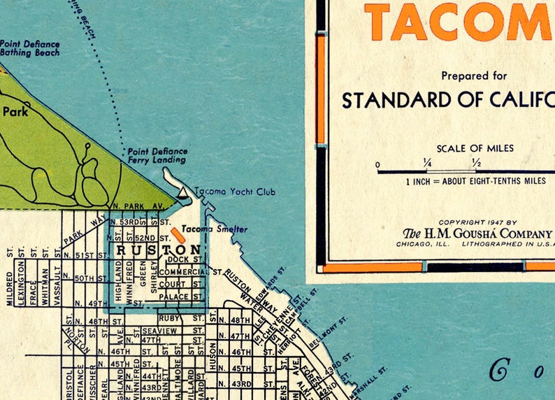 Tacoma Road Map From 1947, Vintage Map Restored, Grit City Map, Fine ...
