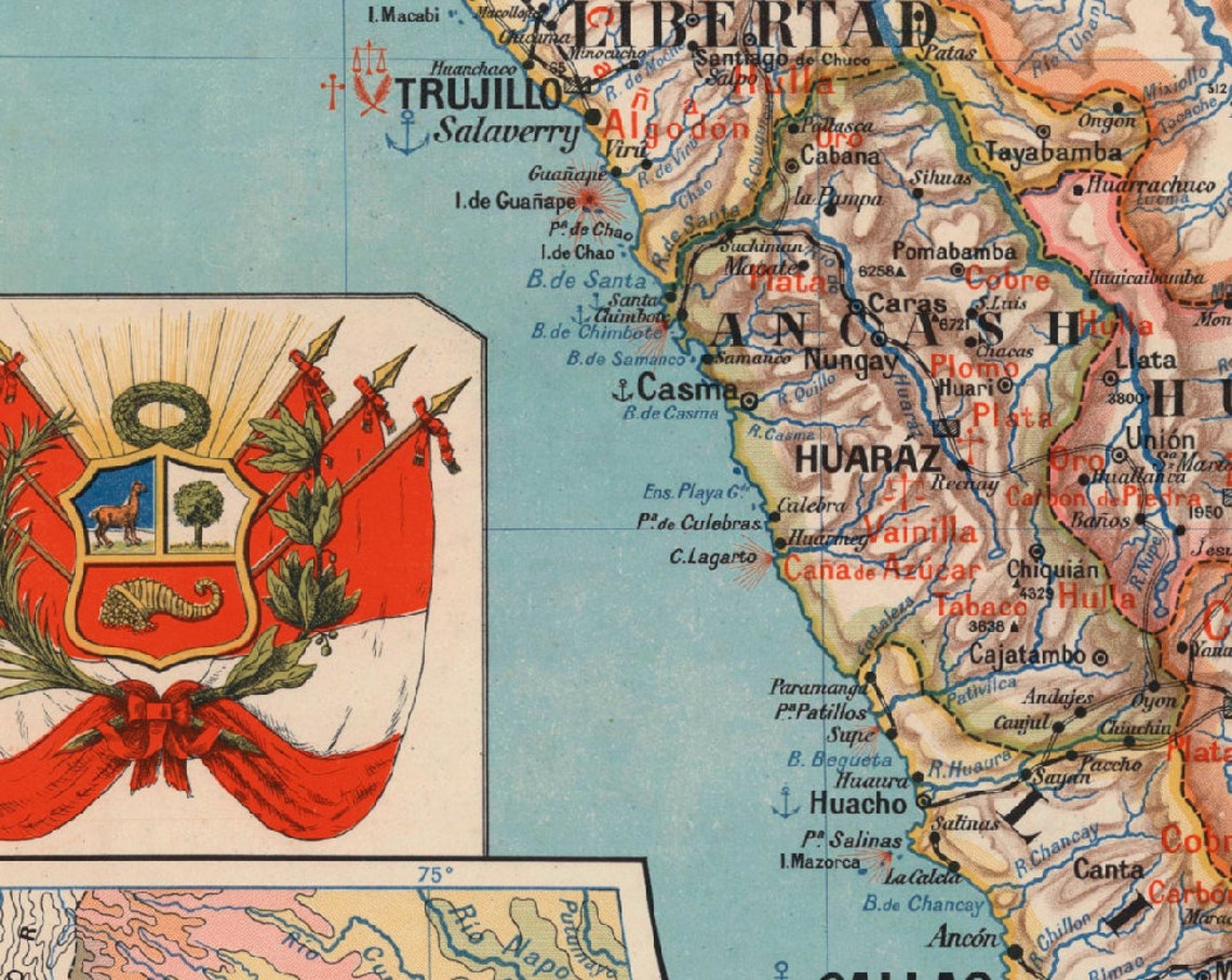 Peru Map - Old Map of Peru, Large Wall Map Print Print on Paper or ...
