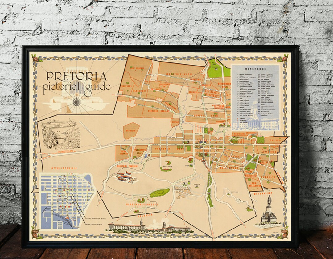 Pretoria Vintage Map - Pictorial Map of Pretoria, Print on Paper or ...