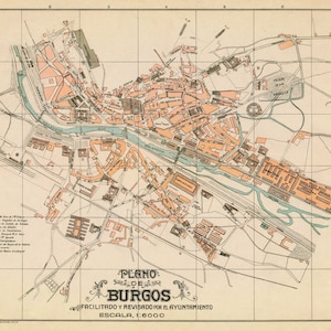 Mapa de Burgos, mapa de la ciudad antigua, cartel mapa ibérico - Etsy España