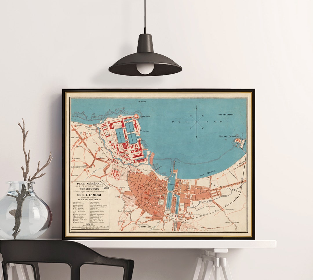 Cherbourg Map | La Carte De Cherbourg | Vintage City Plan Print - Etsy
