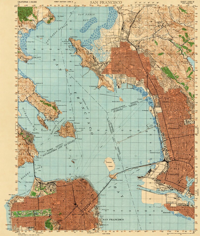 San Francisco Bay Map Vintage Topographic Map of San - Etsy