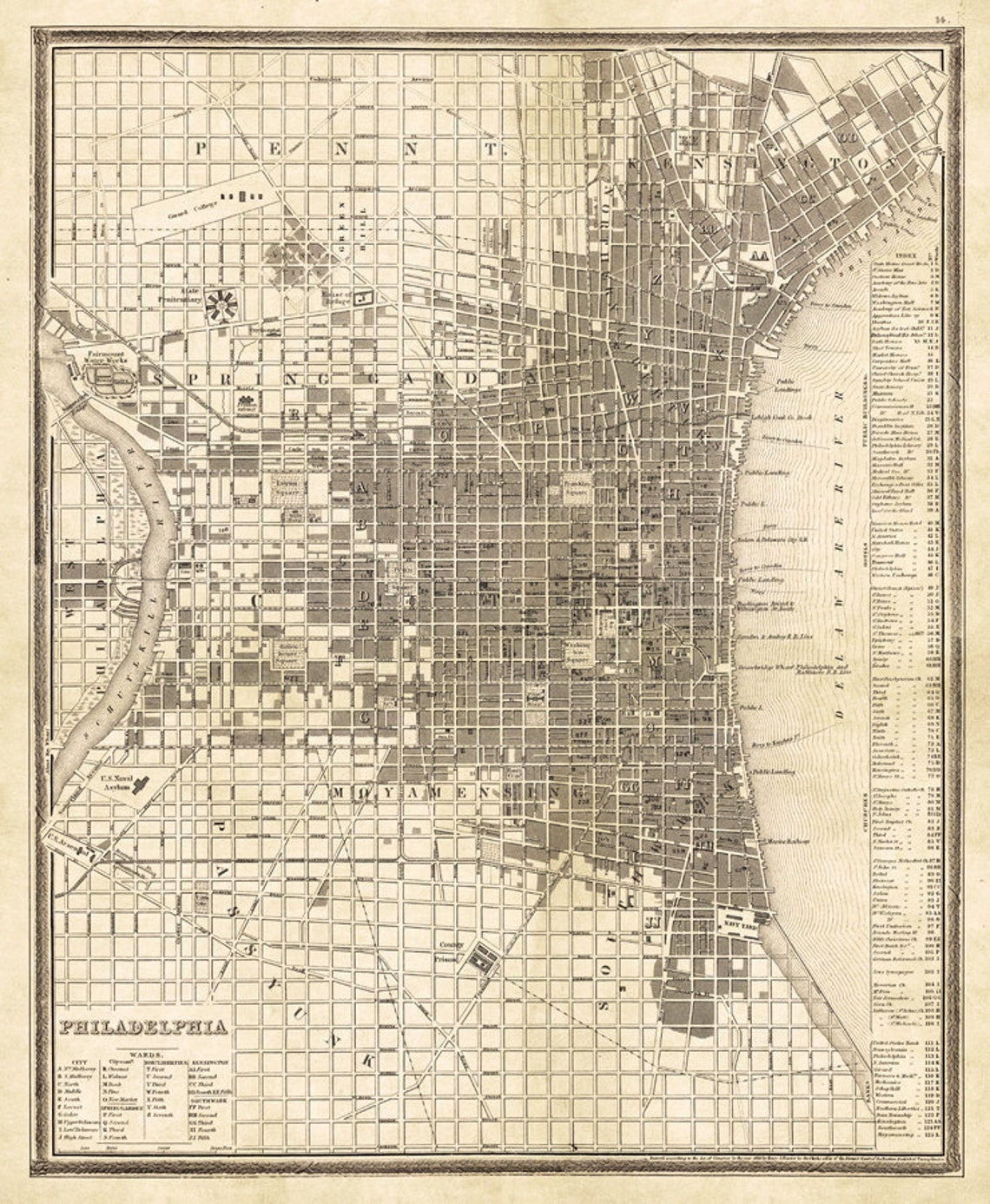 Wonderful Old Map of Philadelphia in Sepia Tones - Wall Map Print on ...