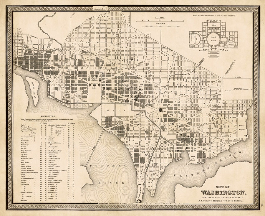 Old Map of Washington DC, Historical Map Poster in Sepia Colors ...