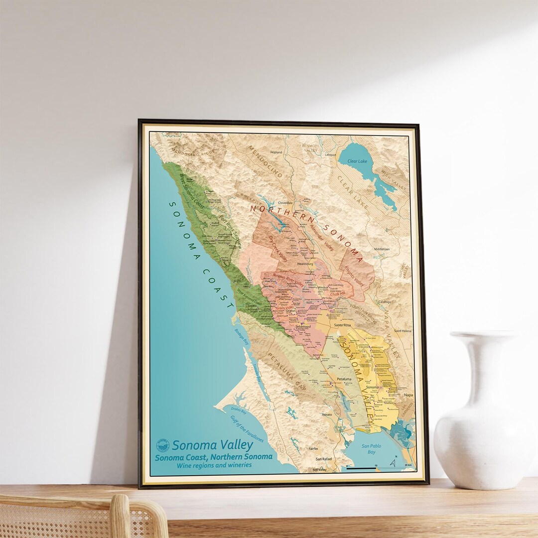 Sonoma Wine Map, Vineyards and Wineries, American Avas Wall Map Decor ...