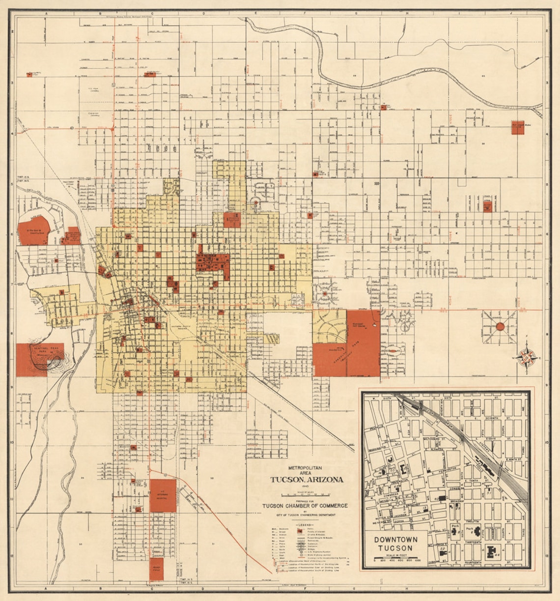 Vintage Map of Tucson Arizona Large Wall Map Fine Print - Etsy
