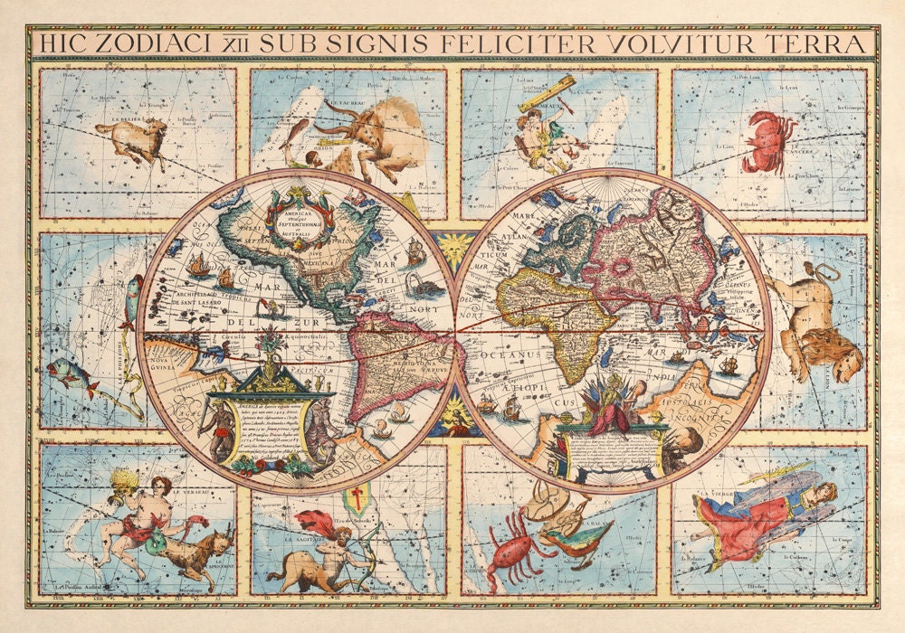 Zodiacal Map Zodiacal World Map Old Map of the World - Etsy