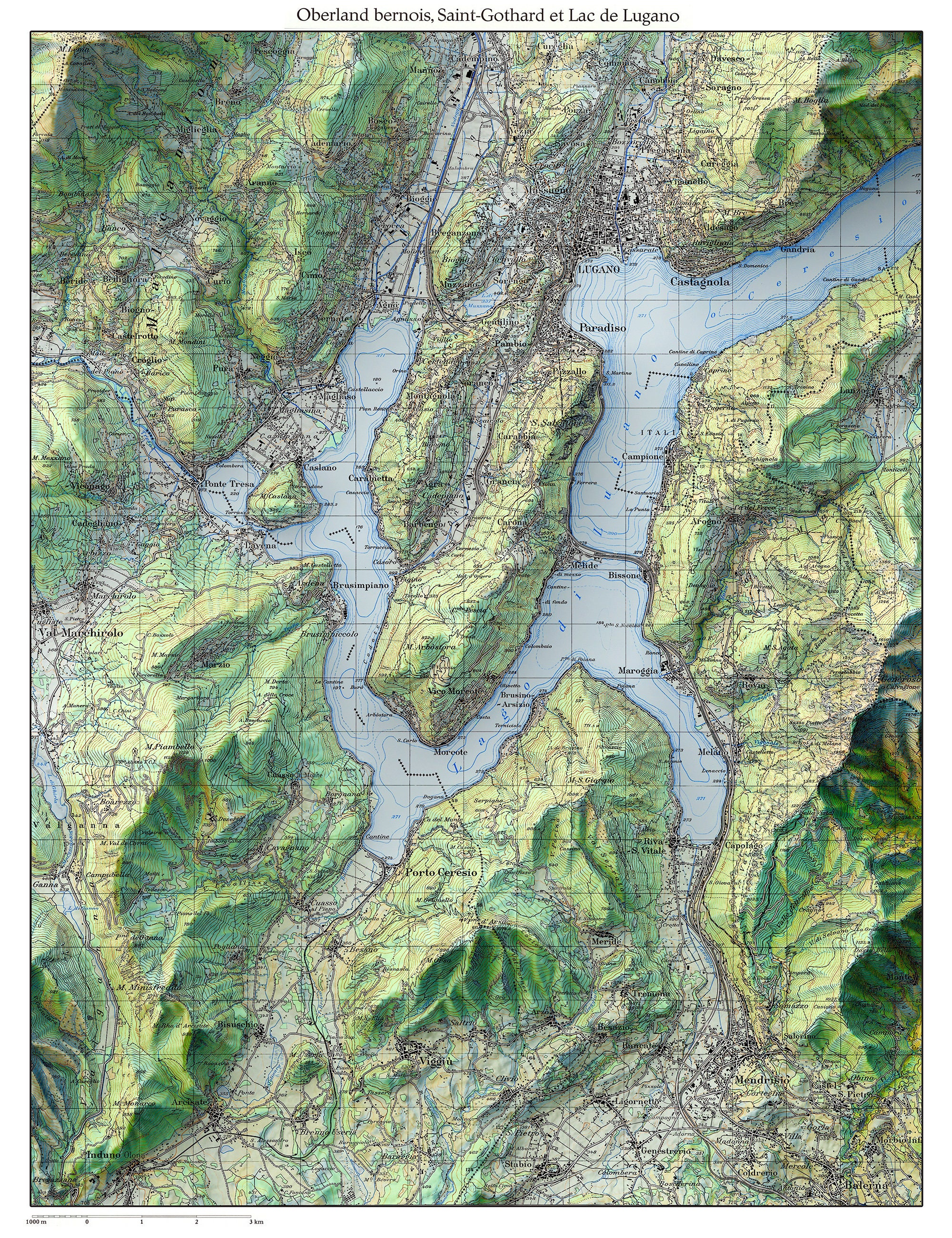 Lugano Lake Old Topographic Map, Bernese Highlands Shaded Relief Map ...