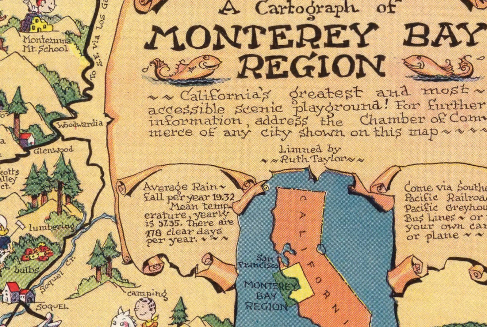 Monterey Bay Vintage Map Pictorial Map of Monterey Bay | Etsy