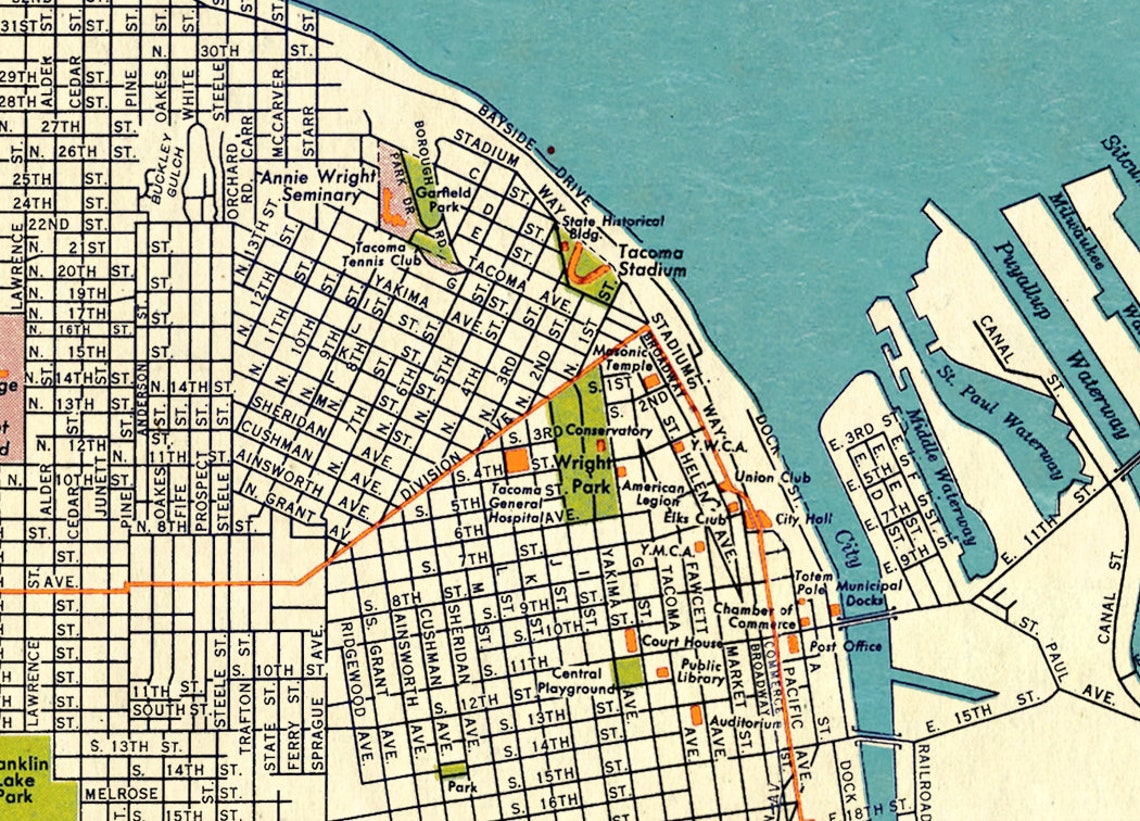 Tacoma Road Map From 1947, Vintage Map Restored, Grit City Map, Fine ...
