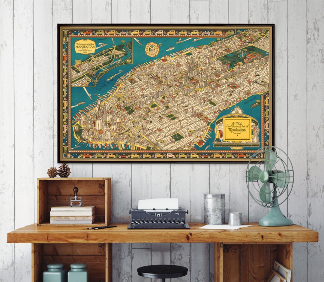 Illustrated Map of Manhattan - Fine Print, City Map Reproduction ...