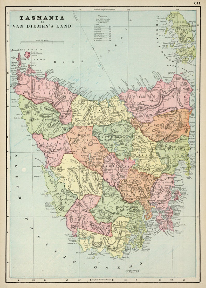 Large Map of Tasmania Vintage Map Print on Canvas or Paper | Etsy