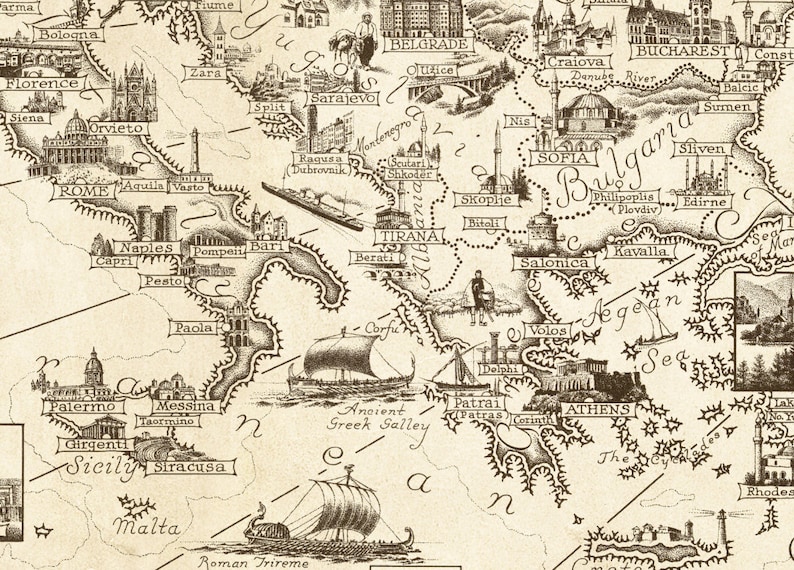 Pictorial Map of Europe Vintage Map in Sepia Tones Large - Etsy