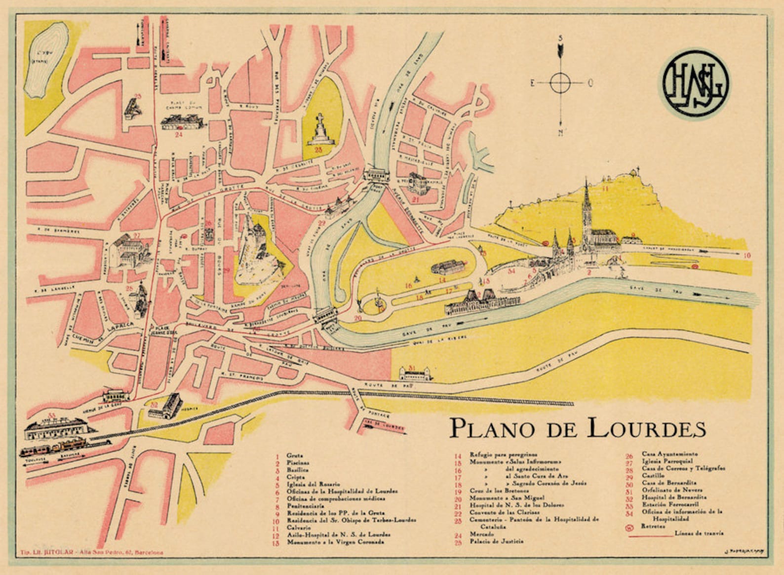 Mapa de Lourdes mapa de estilo retro impresión de arte mural - Etsy México