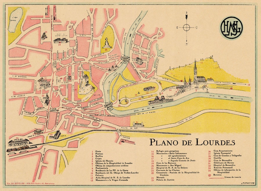 Mapa de Lourdes mapa de estilo retro impresión de arte mural - Etsy México