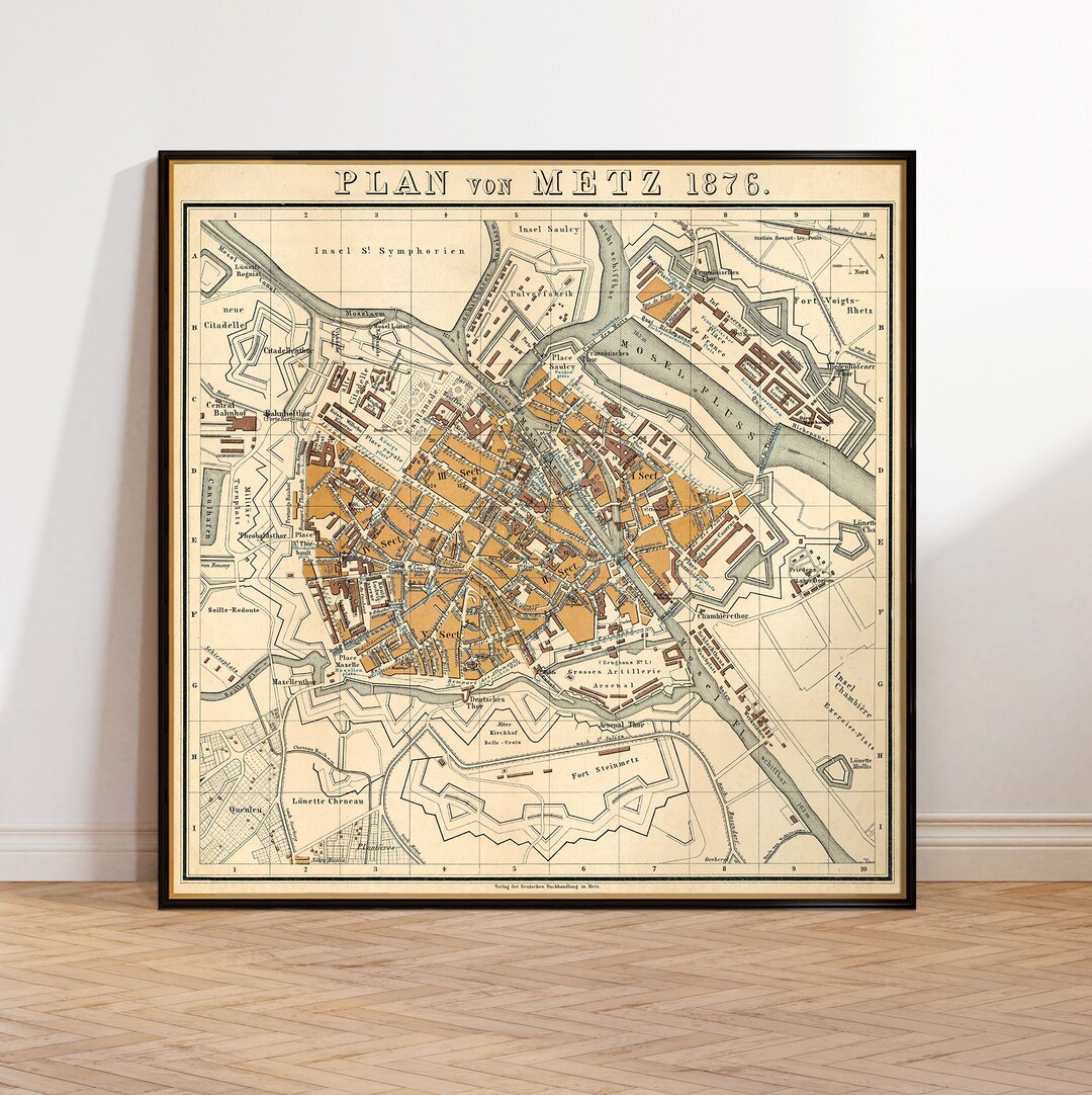 Map of Metz (france), Old City Plan of Metz, Vintage Style Restored Map ...