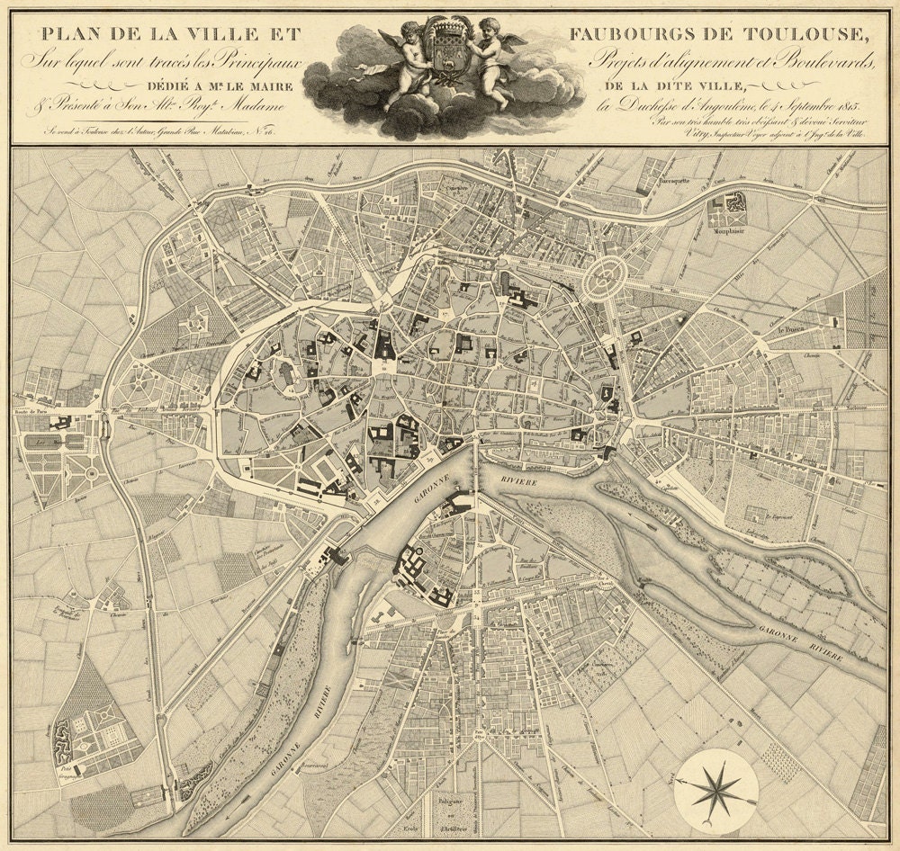 Mapa de Toulouse Mapa antiguo restaurado Impresión de mapa - Etsy México