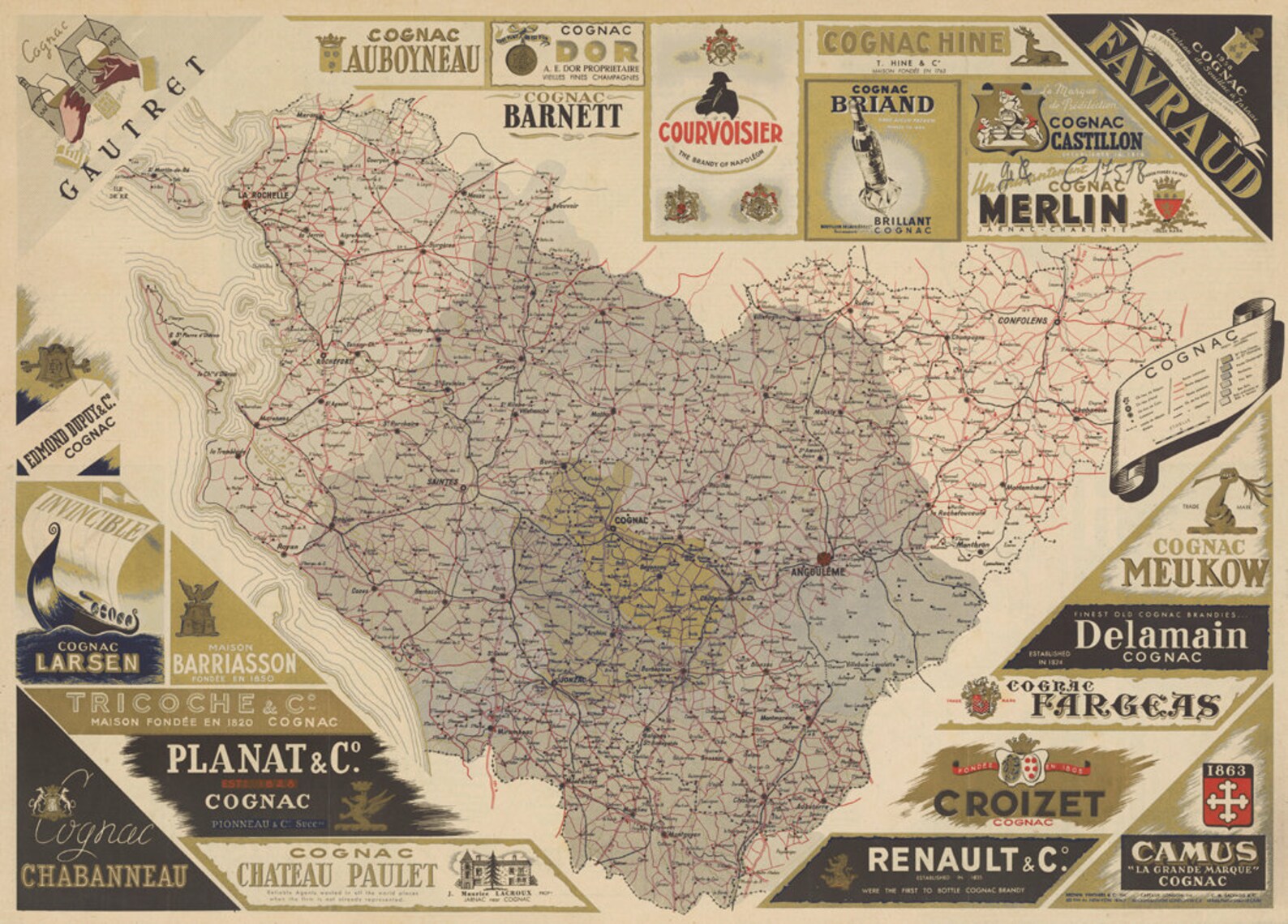 The Cognac Country Map Vintage Map of the Cognac Area - Etsy