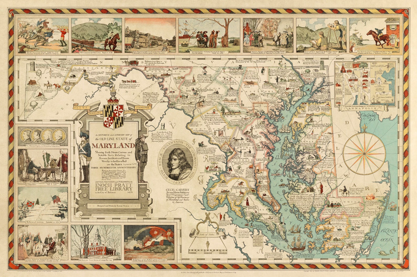 Historical Map of Maryland - Pictorial Map of the Old Line State of ...