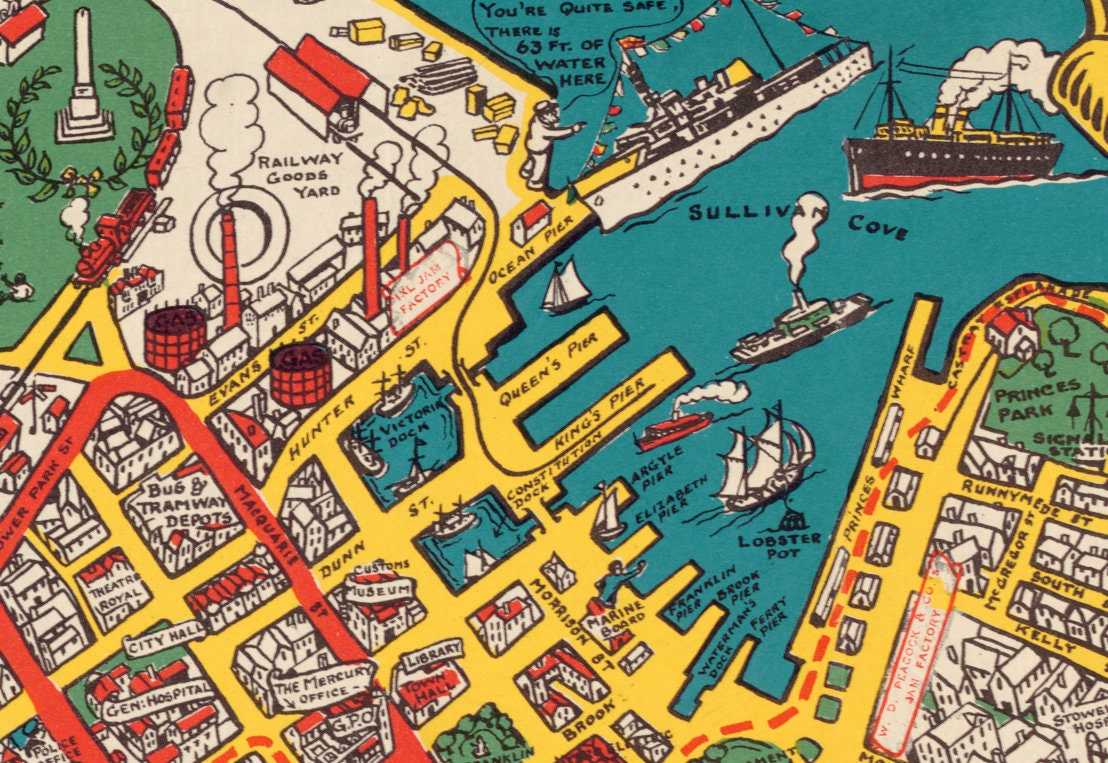 Vintage Map of Hobart Old City Map Restored Pictorial - Etsy